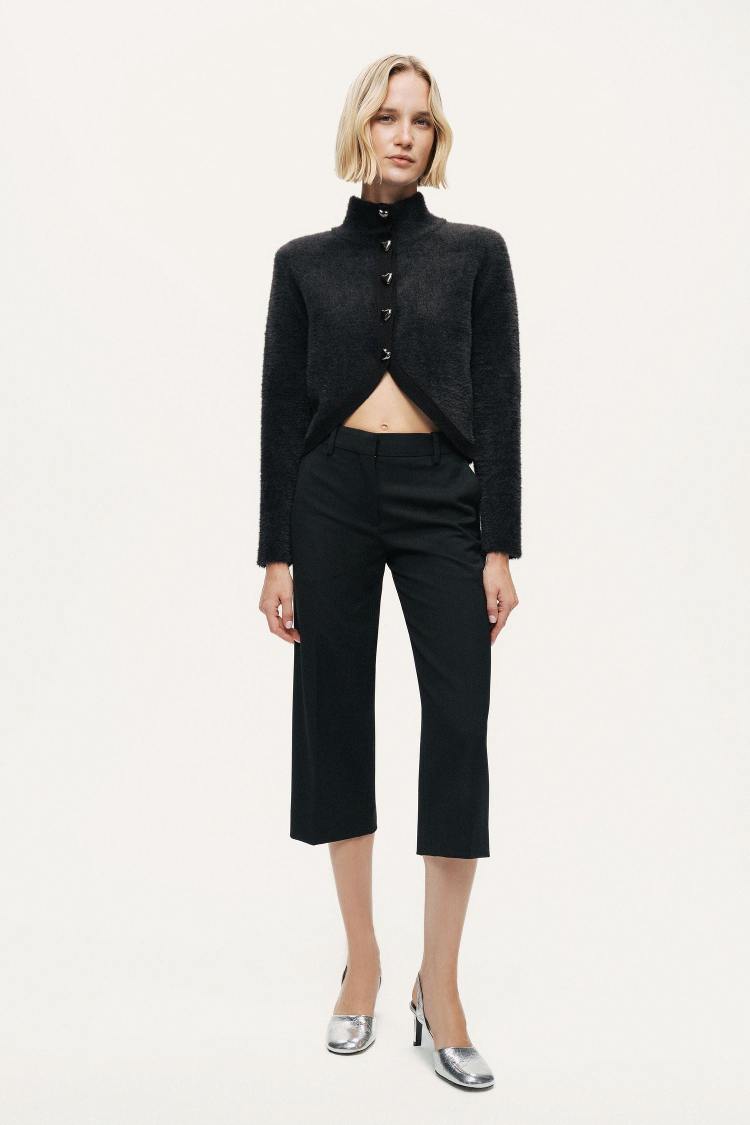 Heart-Button Cutaway Mock-Neck Cardigan – Nocturne